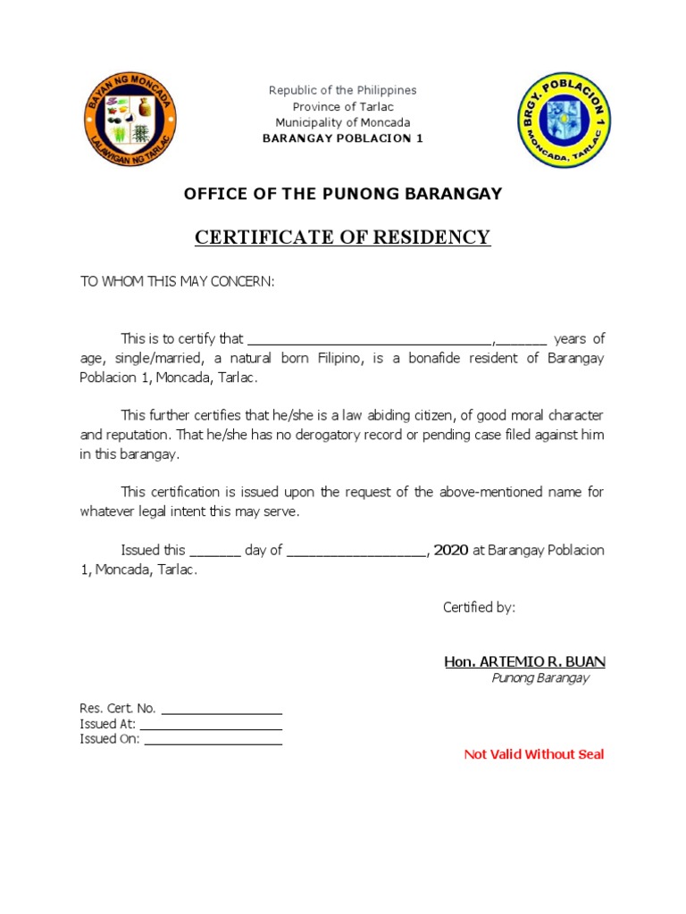 Certificate of Residency: Office of The Punong Barangay | PDF