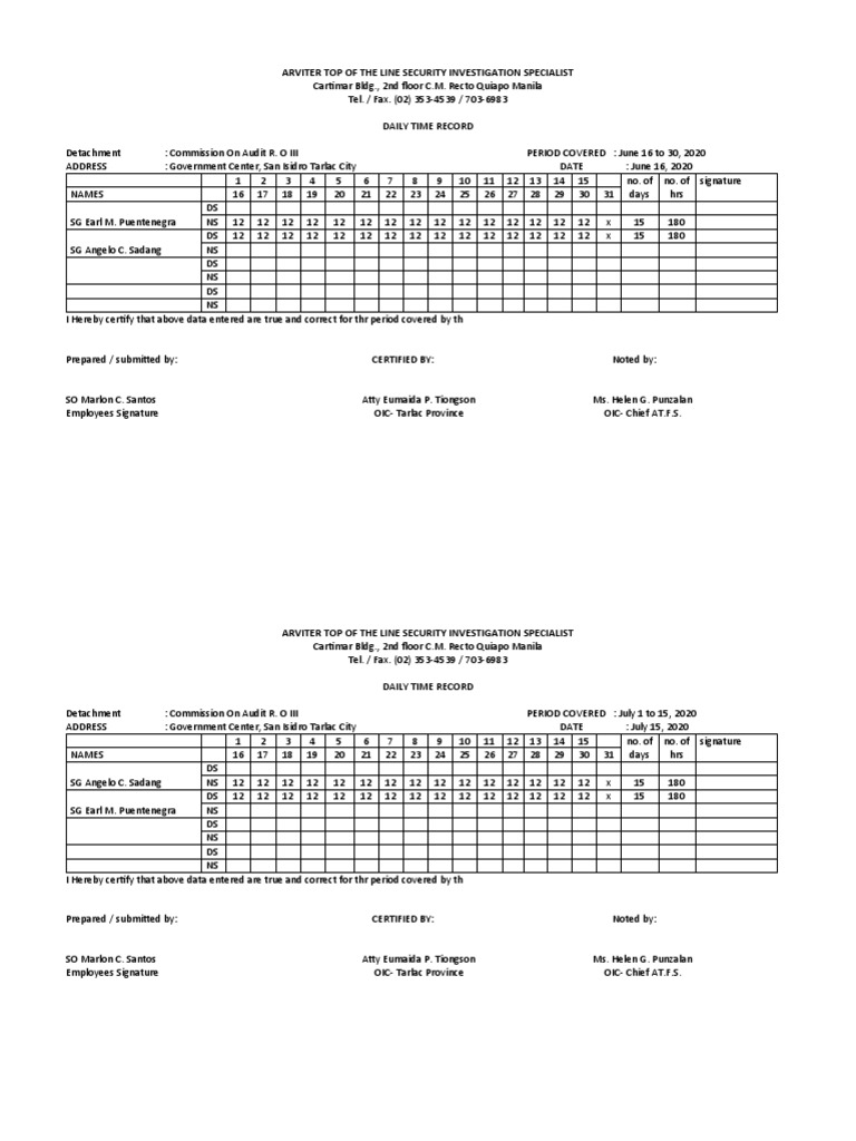 Daily Time Records for Security Specialists | PDF