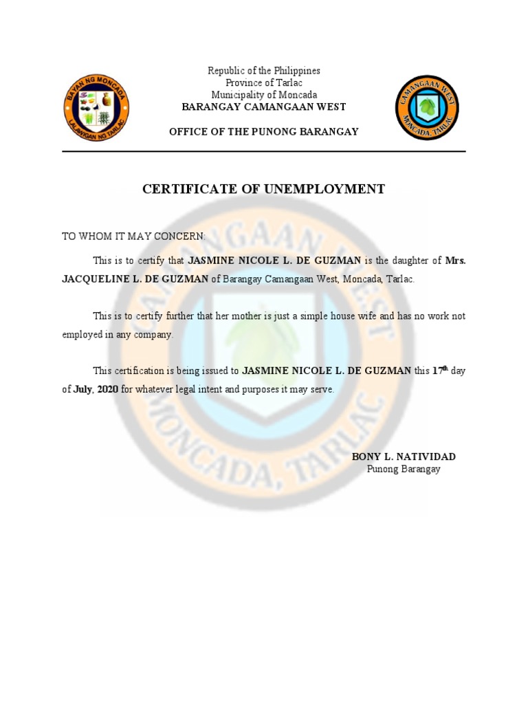 Certificate of Unemployment Camangaan West | PDF | Virtue | Social ...