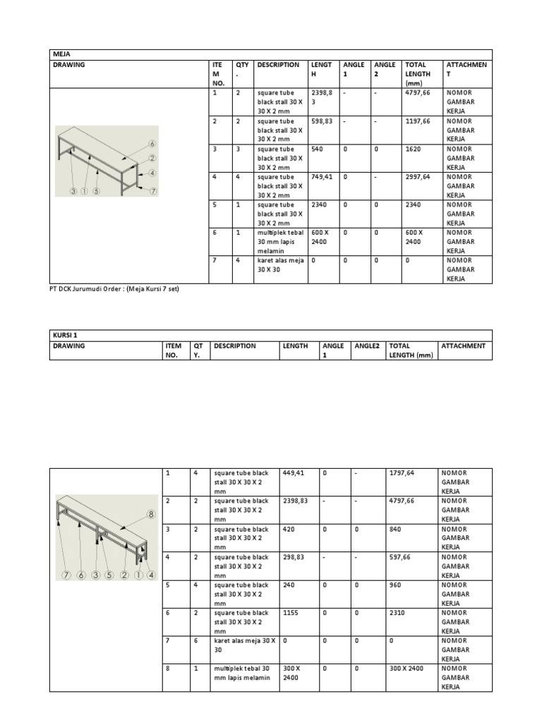 Meja Drawing ITE M NO. QTY - Description Lengt H Angle 1 Angle 2 Total ...