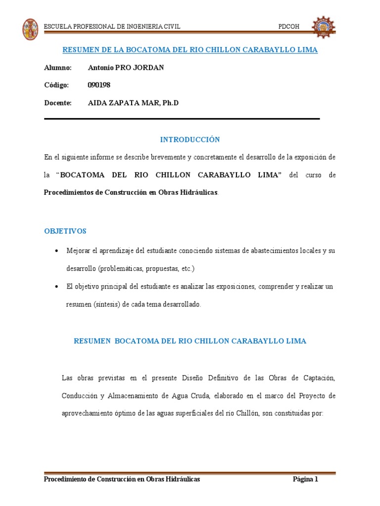 Bocatoma Rio Chillon | PDF | Reservorio | Tubería (transporte de fluidos)