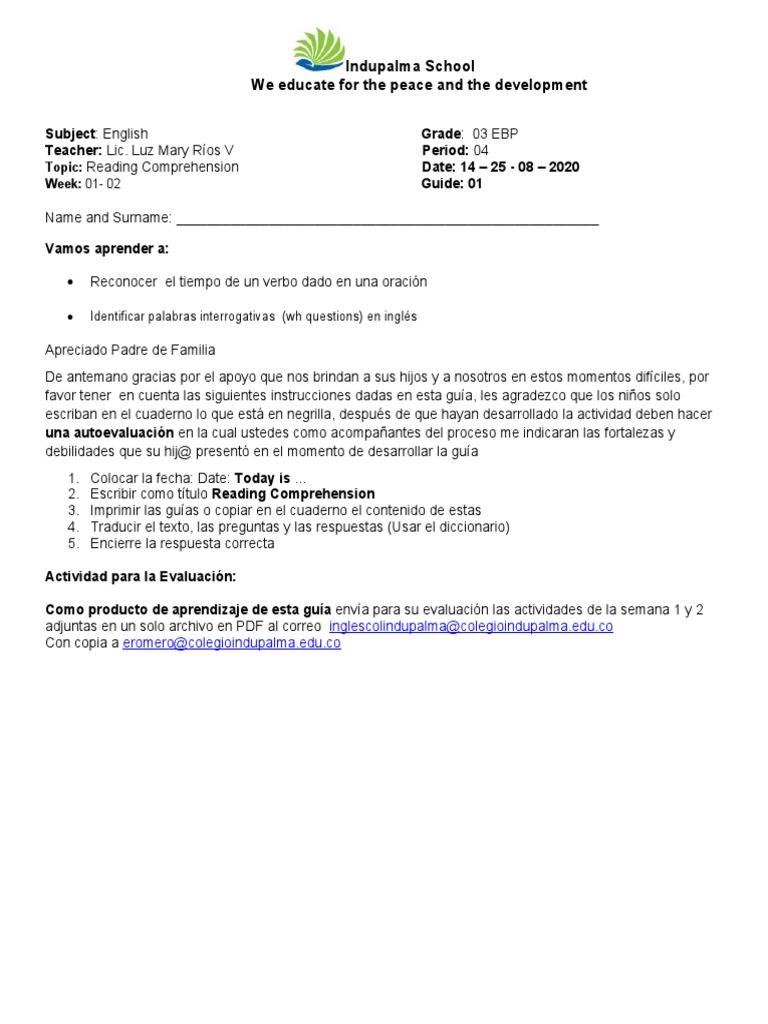Grado 3 Inglés Guía 1 Reading Comprehension | PDF | Aprendizaje ...
