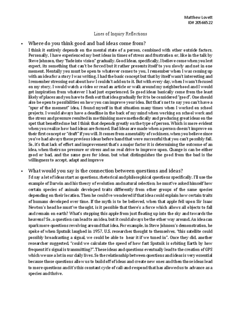 Lines of Inquiry Reflections | PDF | Idea | Curiosity