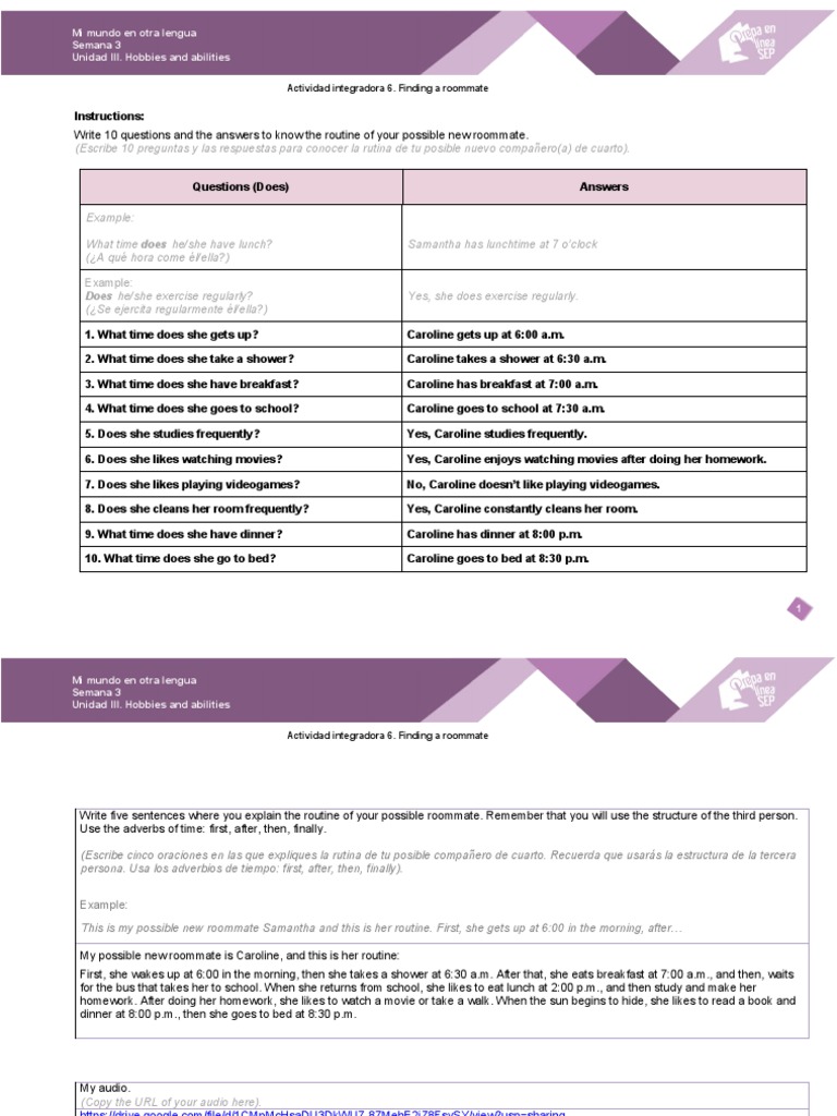 Write 10 Questions and The Answers To Know The Routine of Your Possible ...