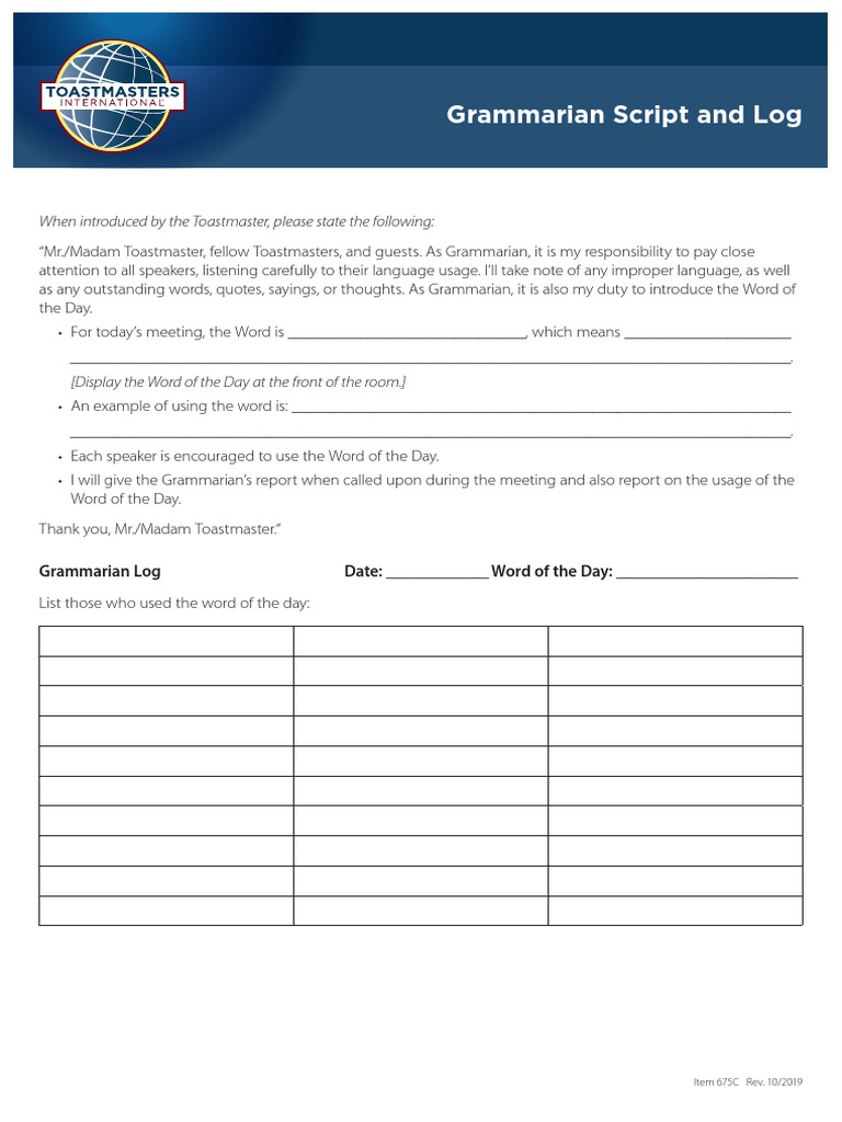 Toastmasters 675C Grammarian Script and Log A4 PDF | PDF