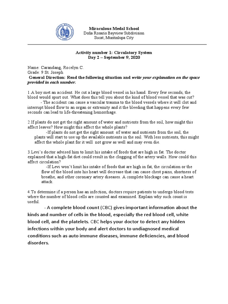 Circulatory System Activity for Grade 9 | PDF