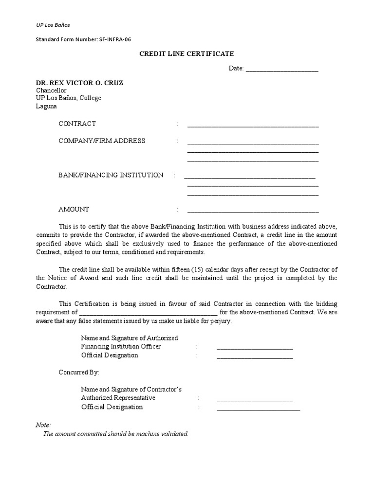 Credit Line Certificate for Contractors | PDF | Government Information ...