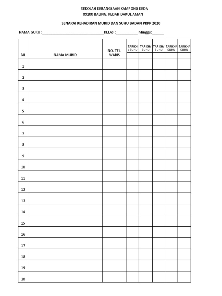 contoh jadual kedatangan murid - Emma Ogden