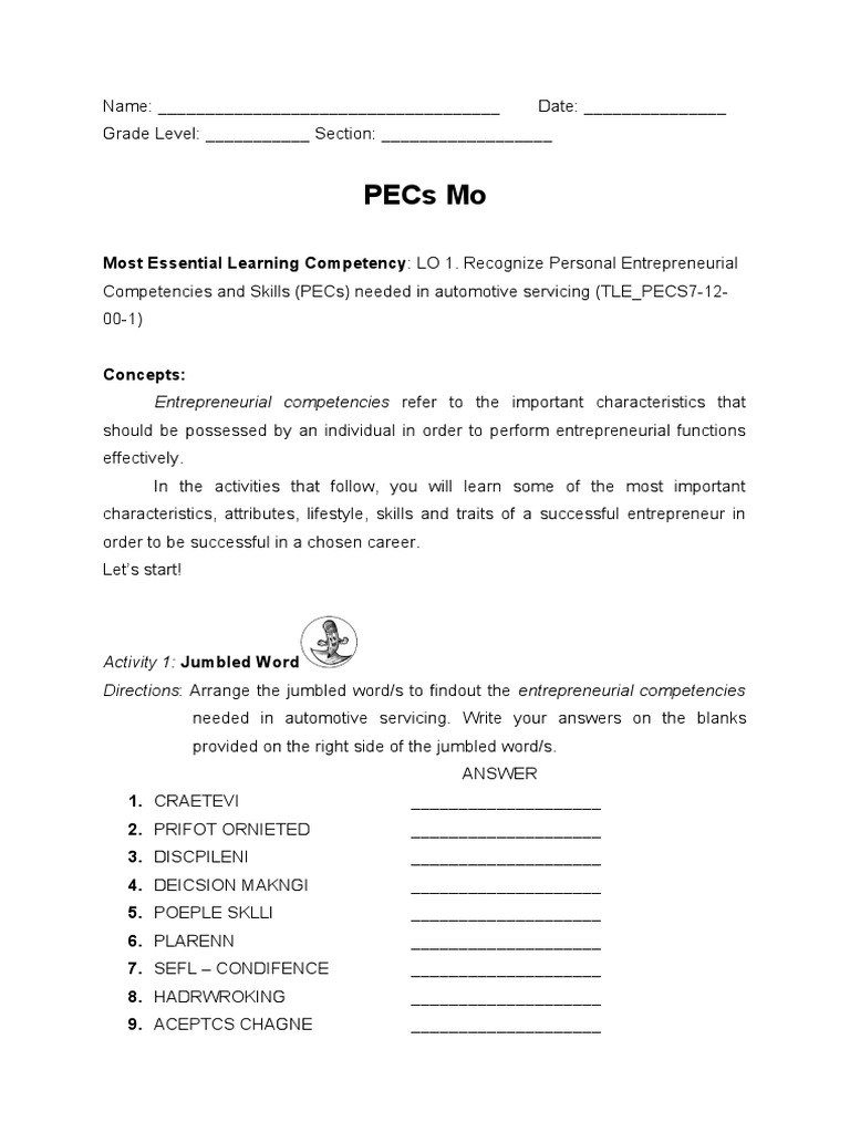 Automotive-Pecs Lo1-Activity-Sheets | PDF | Entrepreneurship | Applied ...