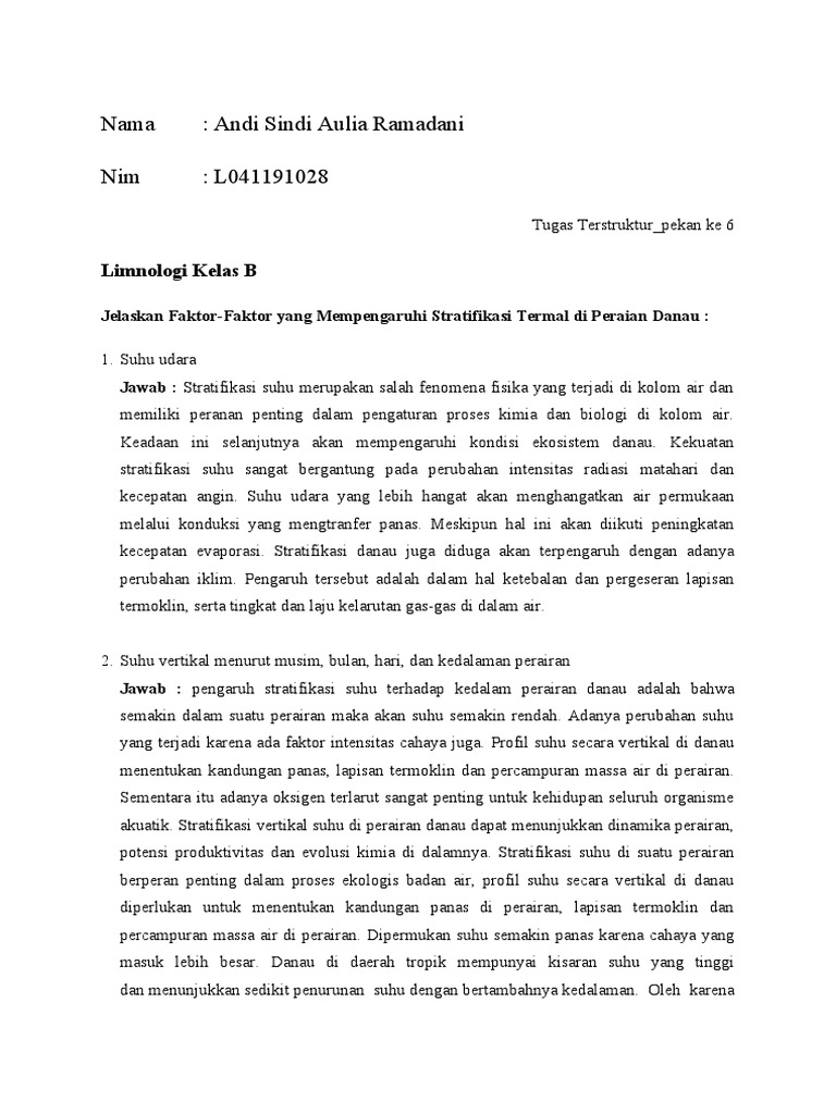 Andi Sindi Aulia Ramadani - l041191028 - Tugas 6 Terstruktur - Limnologi Kelas B | PDF