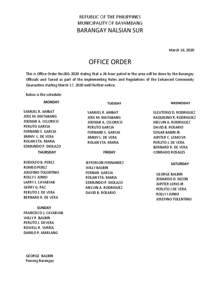 Office Order: Barangay Nalsian Sur | PDF