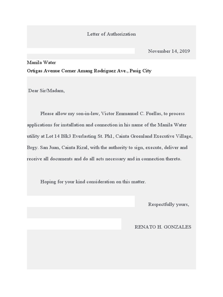 Authorization Letter for Water Connection | PDF