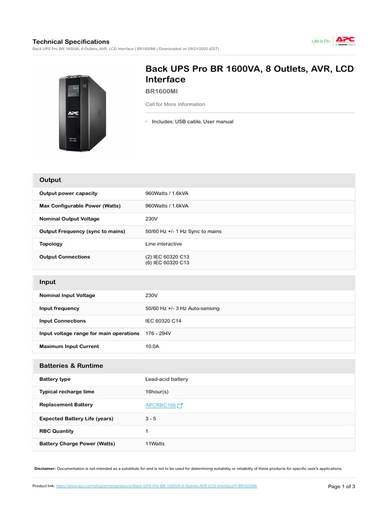 Back UPS Pro BR 1600VA, 8 Outlets, AVR, LCD Interface: Technical ...