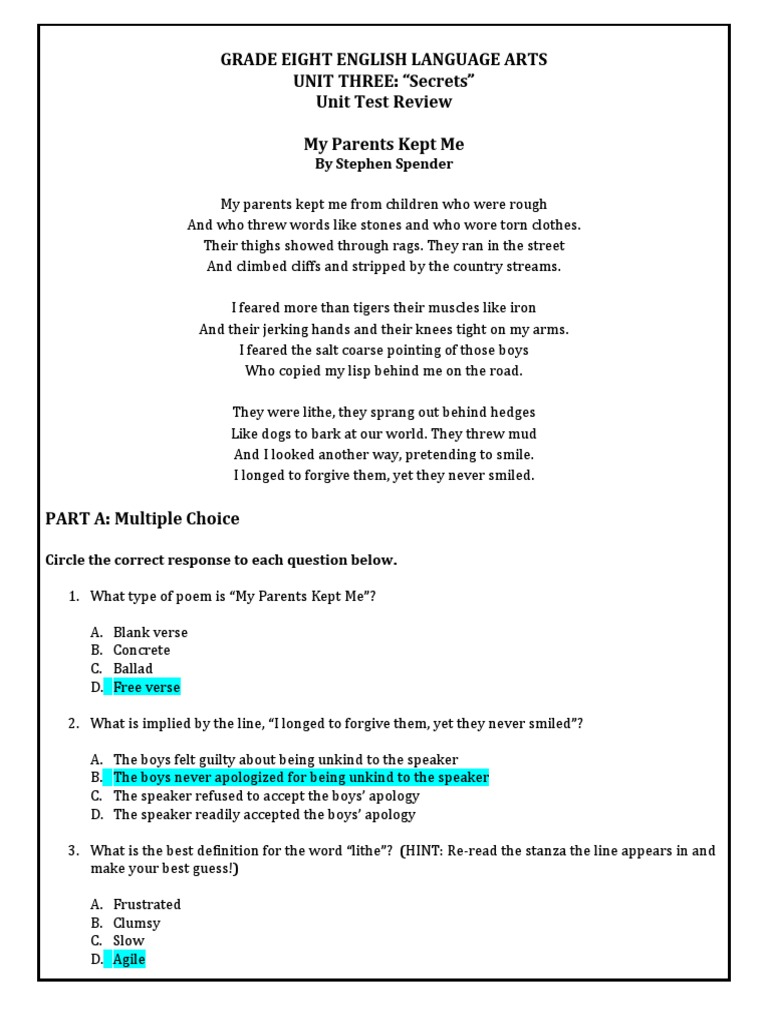 Grade Eight English Language Arts UNIT THREE: "Secrets" Unit Test ...