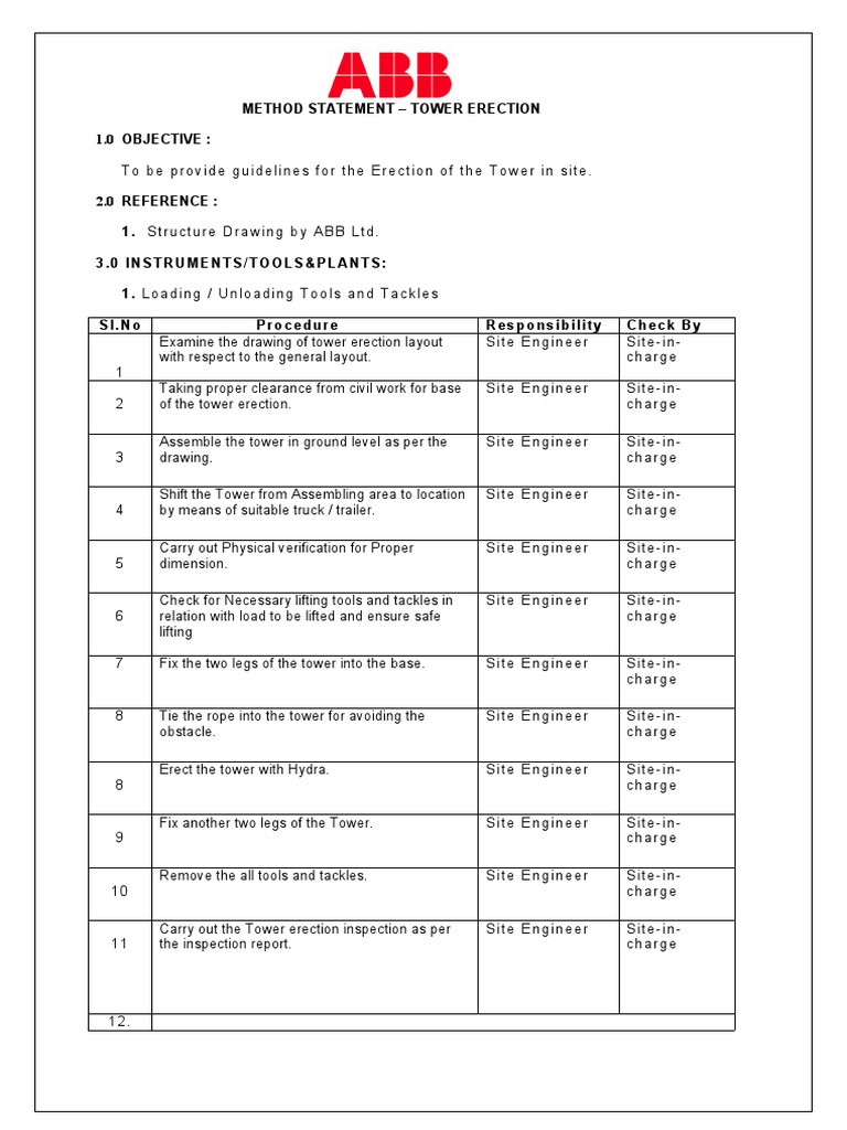 Tower Erection Method Statement | PDF | Nature | Business