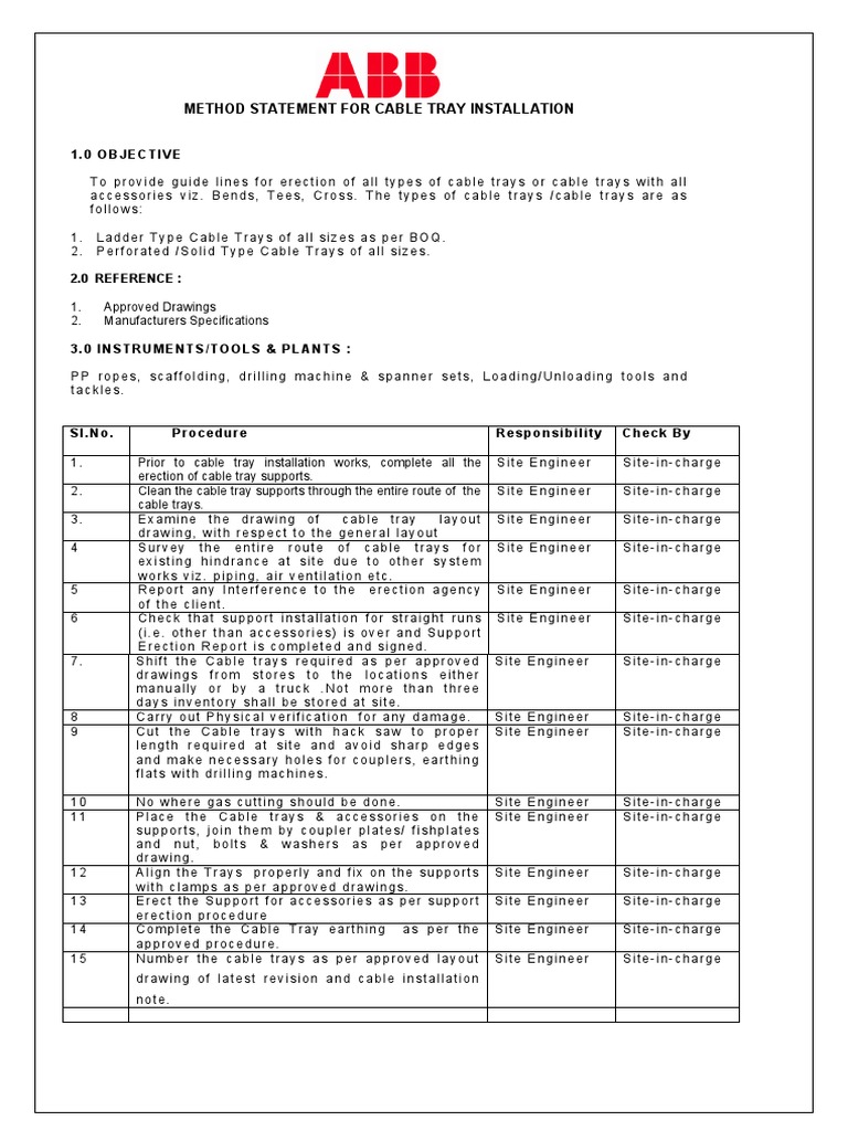 Method Statement - Cable Tray Erection | PDF | Scaffolding | Drilling Rig