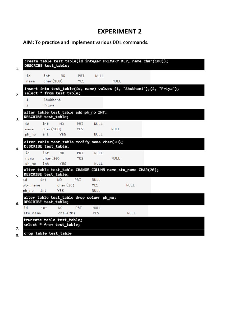 Experiment 2: AIM: To Practice and Implement Various DDL Commands | PDF