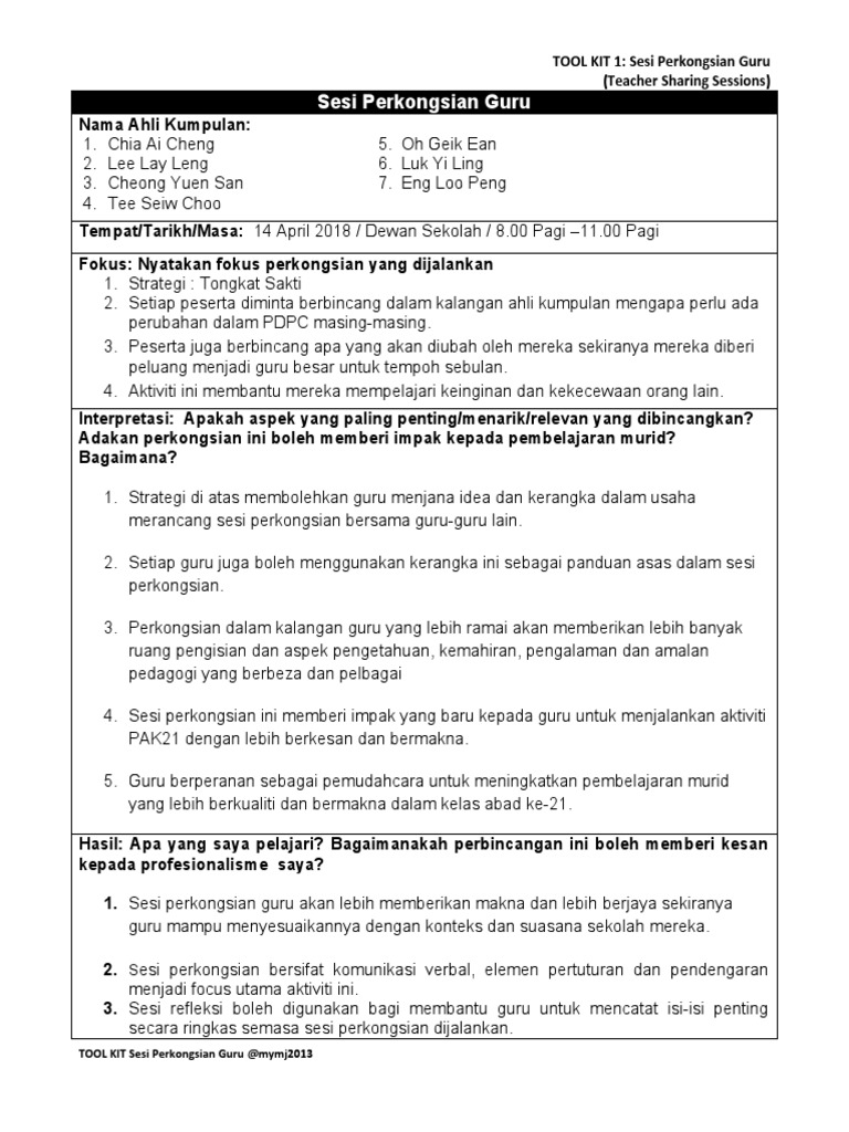 Tool Kit TSS 1-Sesi Perkongsian Guru-Kumpulan Pagi | PDF