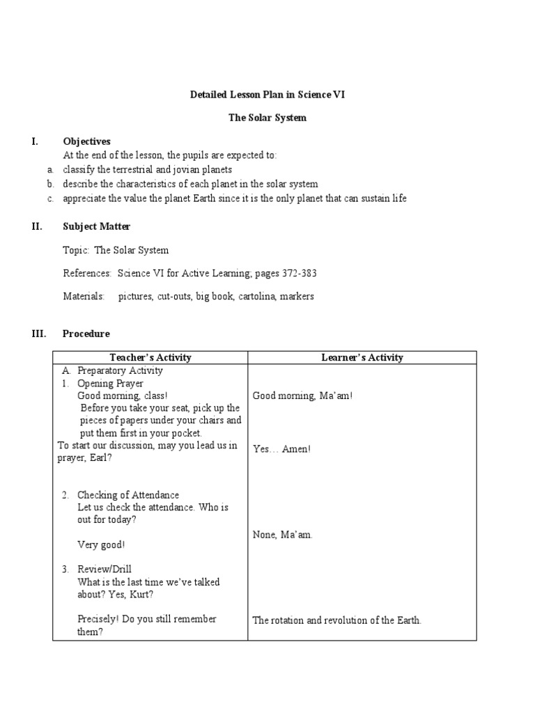 Detailed Lesson Plan VI Solar System Finallll Na | PDF | Natural ...