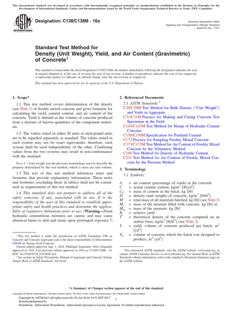 C138-16a DENSITY (UNIT WEIGHT, YIELD, AND AIR CONTENT (GRAVIMETRIC) OF ...