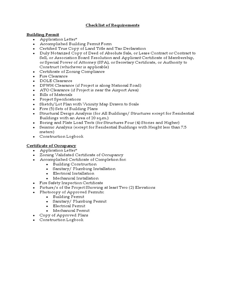 Checklist of Requirements-Building Permit | PDF
