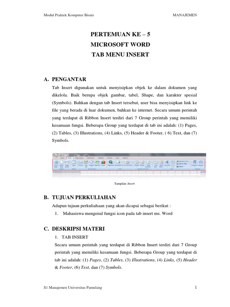 Pertemuan Ke-5 - Microsoft Word Tab Menu Insert | PDF