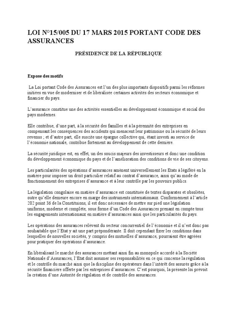 Code Congolais Des Assurances | PDF | Réassurance | Assurance