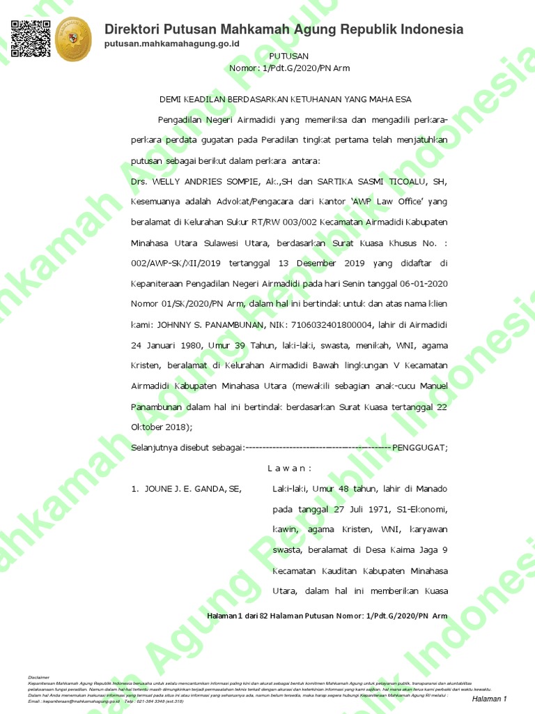 Putusan - 1 PDT.G 2020 PN Arm 20200914 | PDF