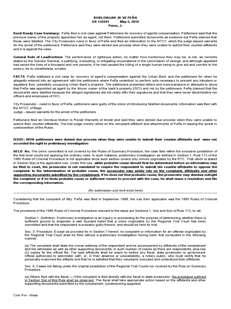 11 Borlongan JR Vs Pena - Case Digest | PDF | Criminal Procedure In ...