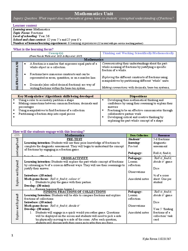 Year 5 6 Fractions Unit Plan | PDF | Fraction (Mathematics) | Numbers