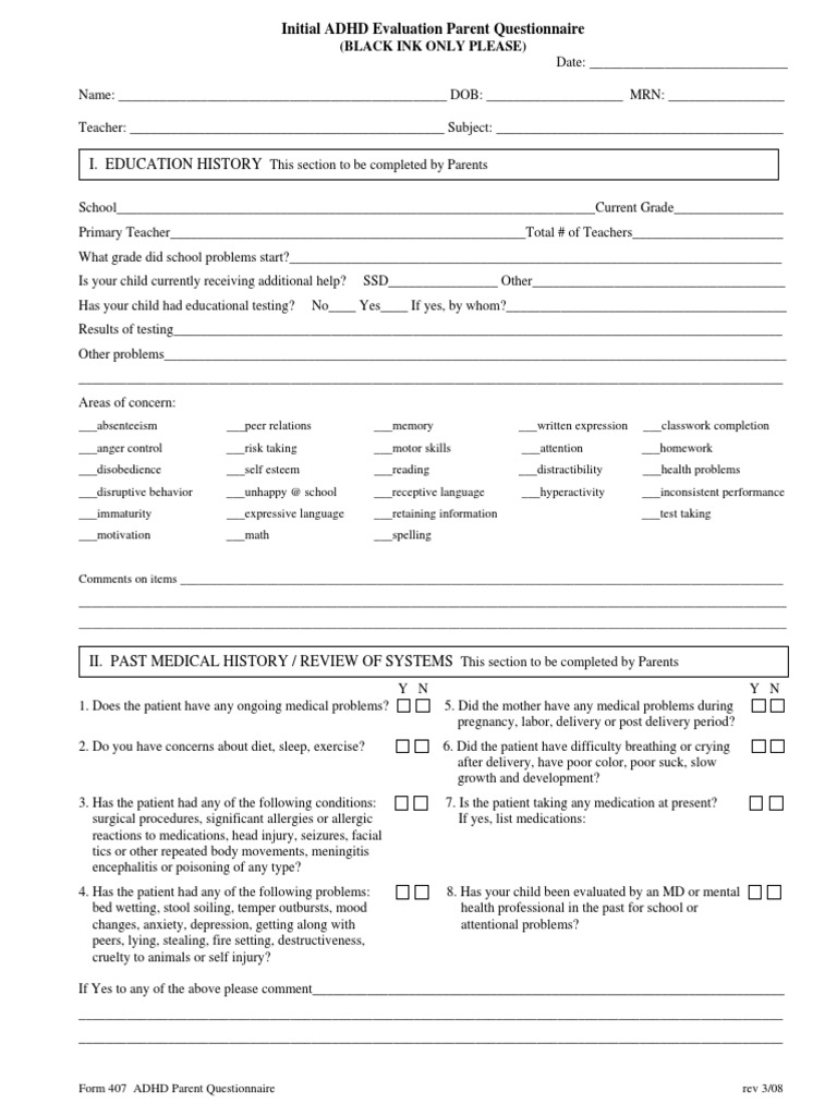 ADHD Parent Evaluation Questionnaire | PDF | Attention Deficit ...