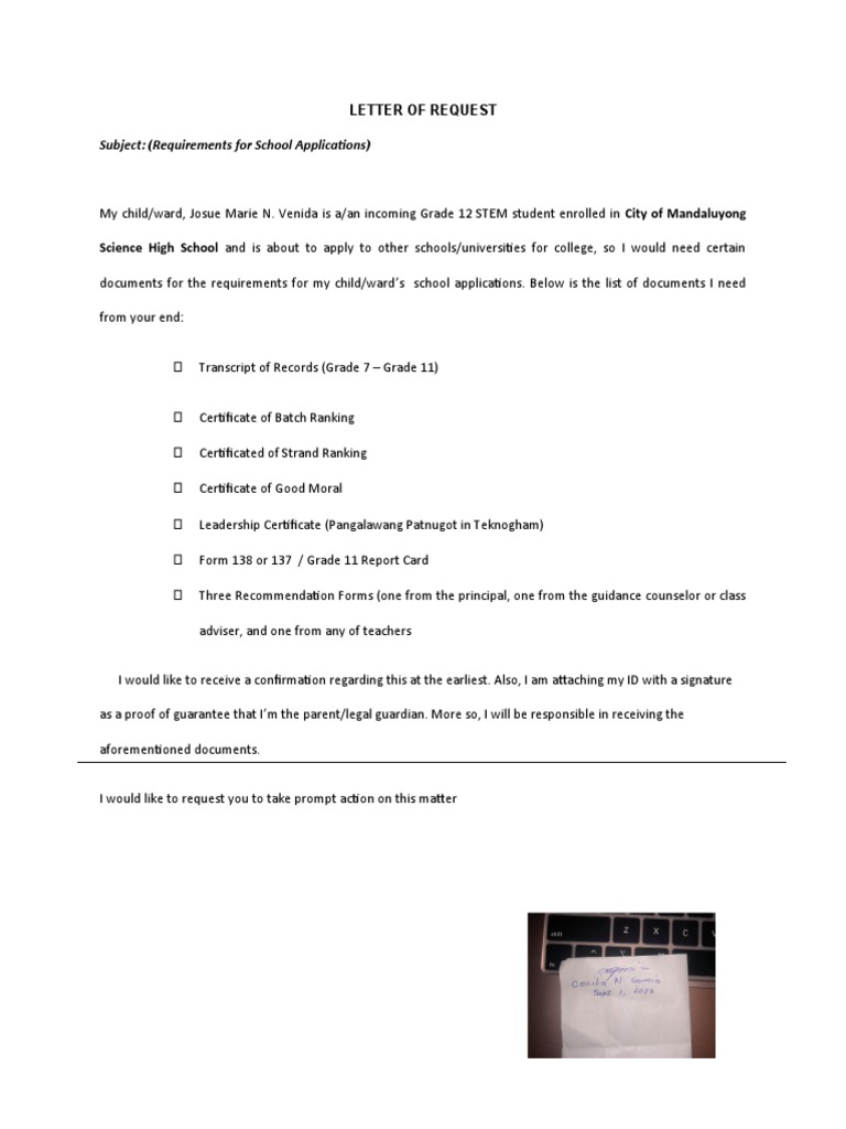 Letter of Request - Grade12 | PDF