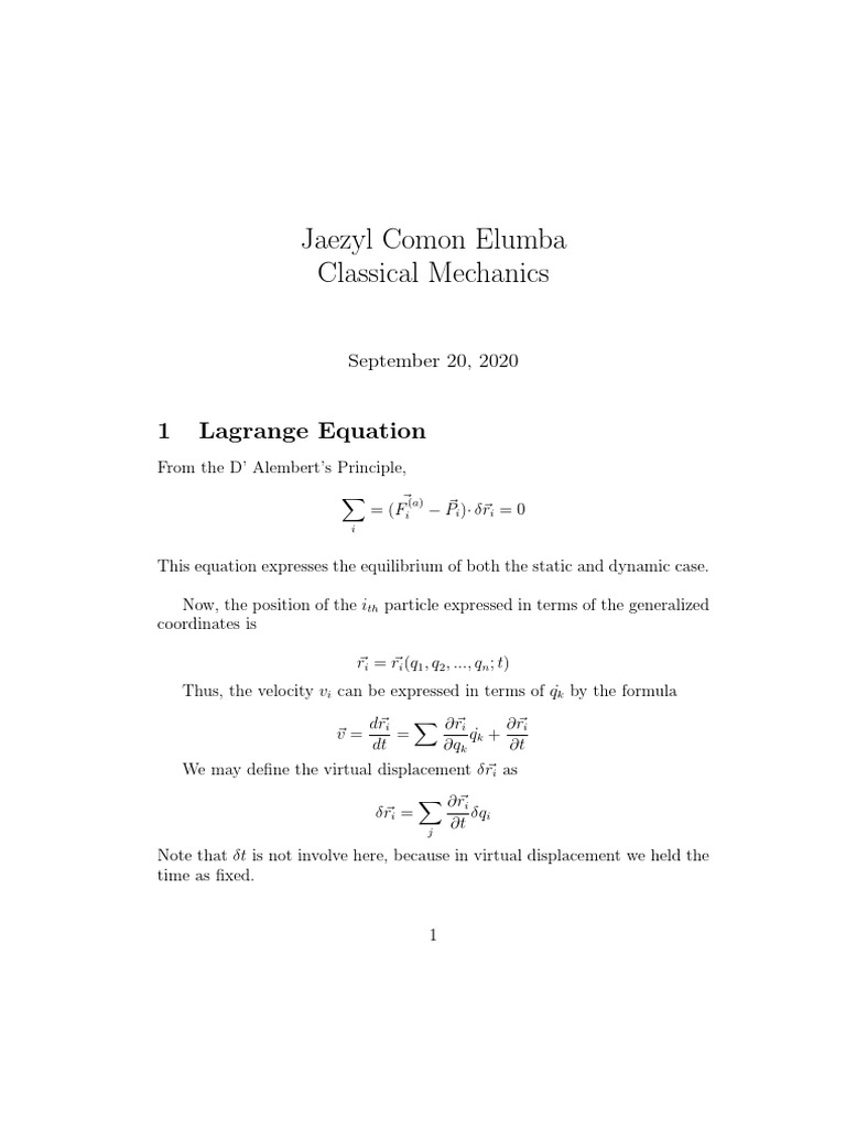 Lagrange Equation PDF | PDF | Lagrangian Mechanics | Physics