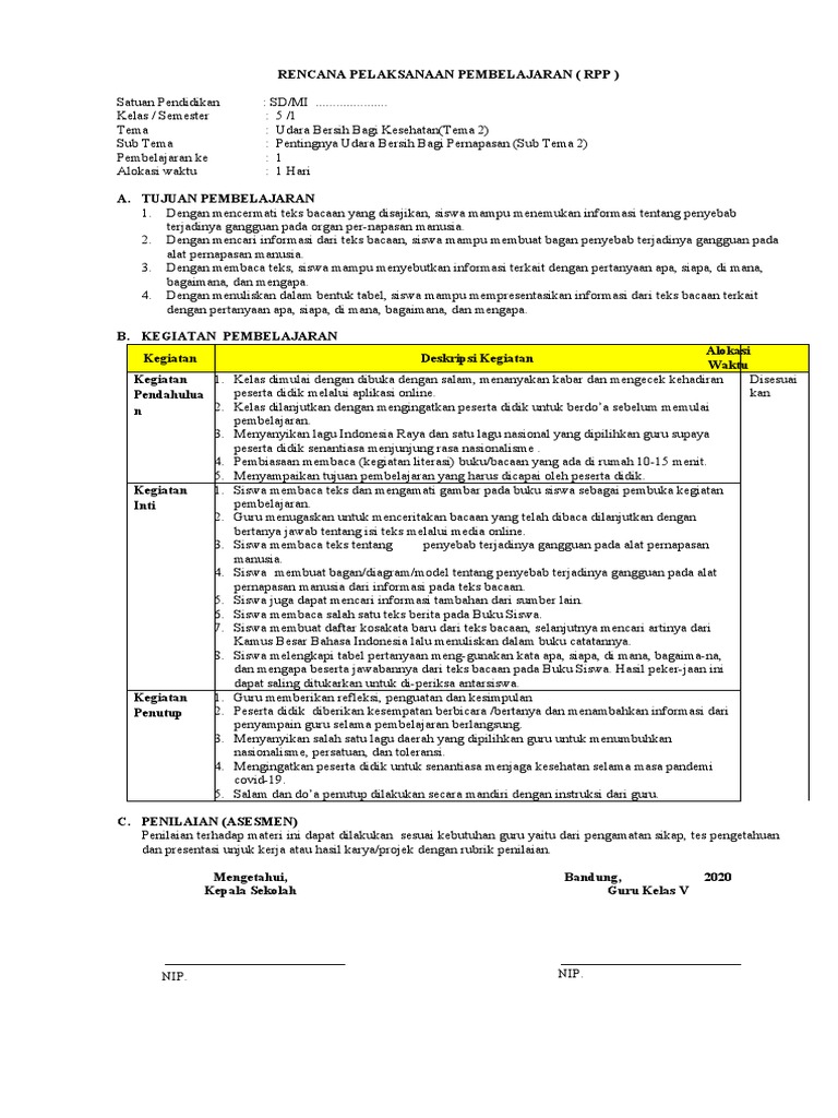 RPP Daring Kelas 5 Tema 2 ST 2 | PDF