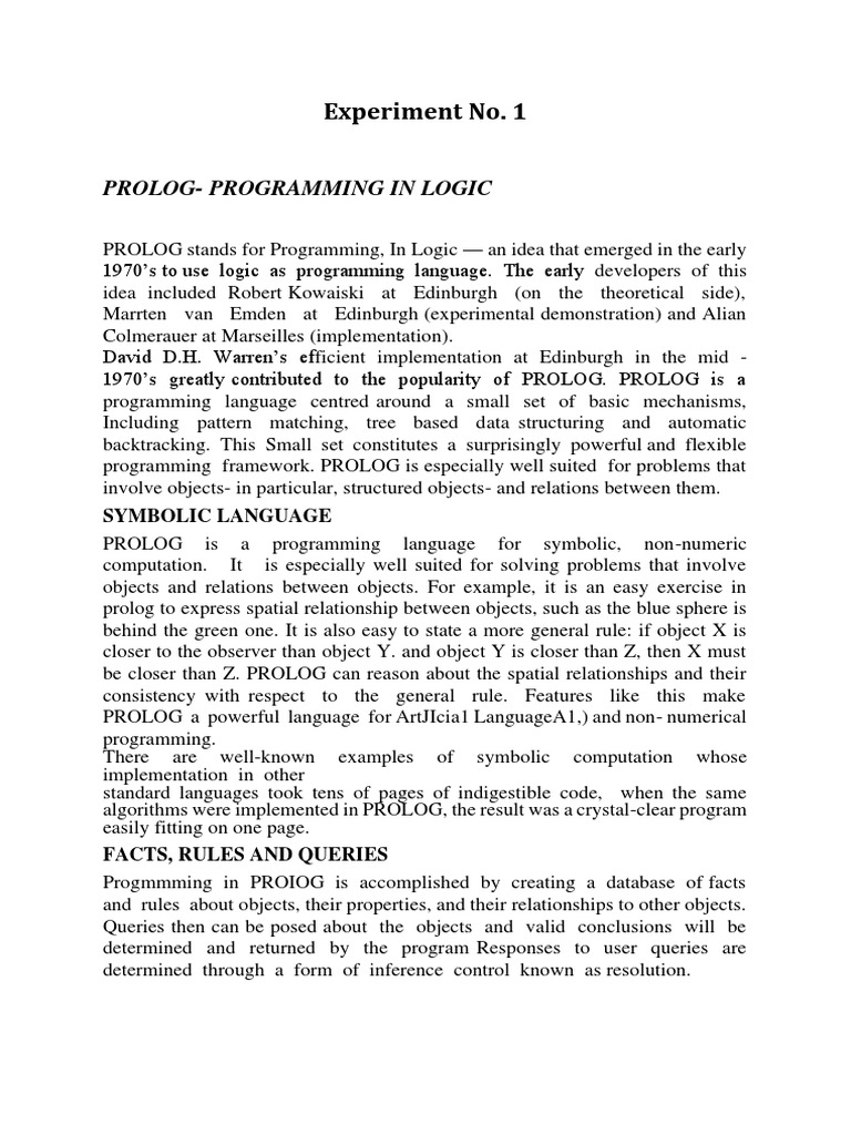 Experiment No. 1: Prolog-Programming in Logic | PDF | Computer Programming | Expert