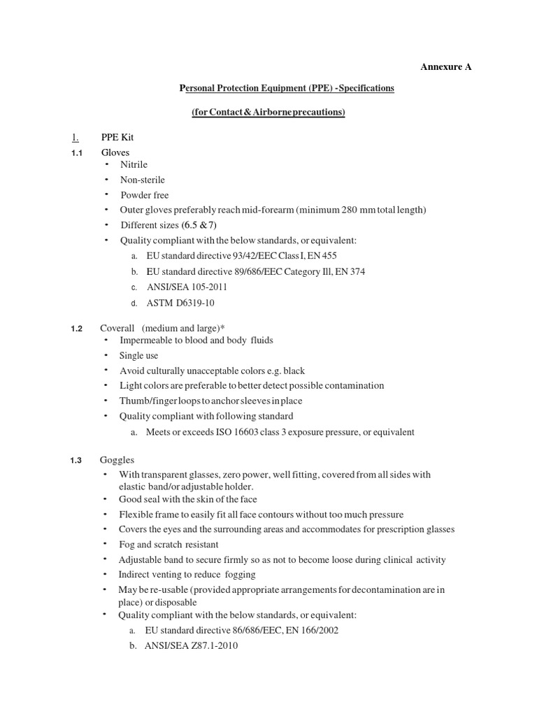 Ppe Kit Gloves: Ersonal Protection Equipment (PPE) - Specifications ...