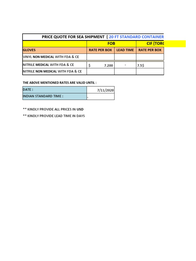 FOB Cif (Toronto) Price Quote For Sea Shipment : 20 FT Standard ...