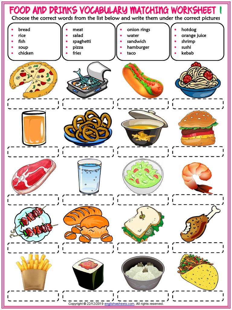 Food and Drinks Vocabulary Esl Matching Exercise Worksheets For Kids ...