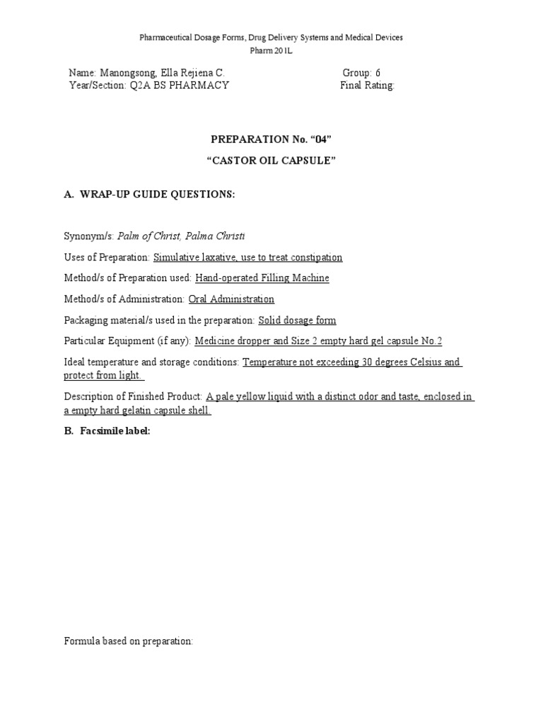 Preparation No. "04" "Castor Oil Capsule" A. Wrap-Up Guide Questions ...