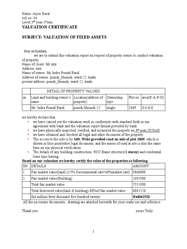 Valuation Certificate Subject: Valuation of Fixed Assets: Dear Sir ...
