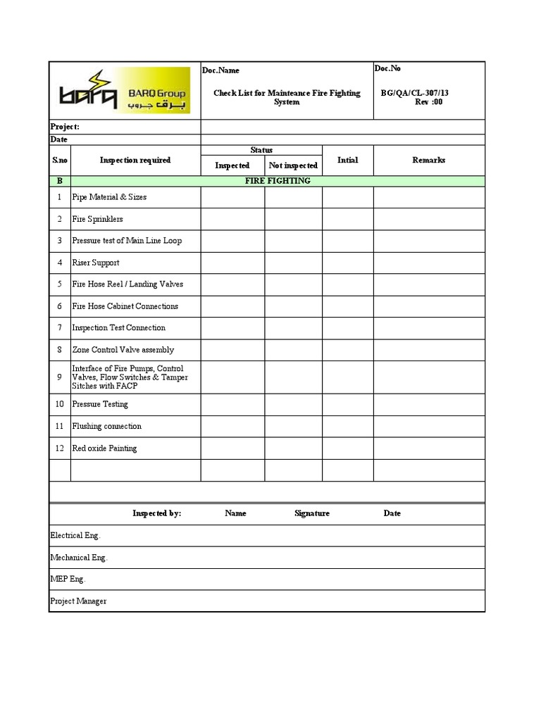 Fire Fighting System Inspection Checklist | PDF
