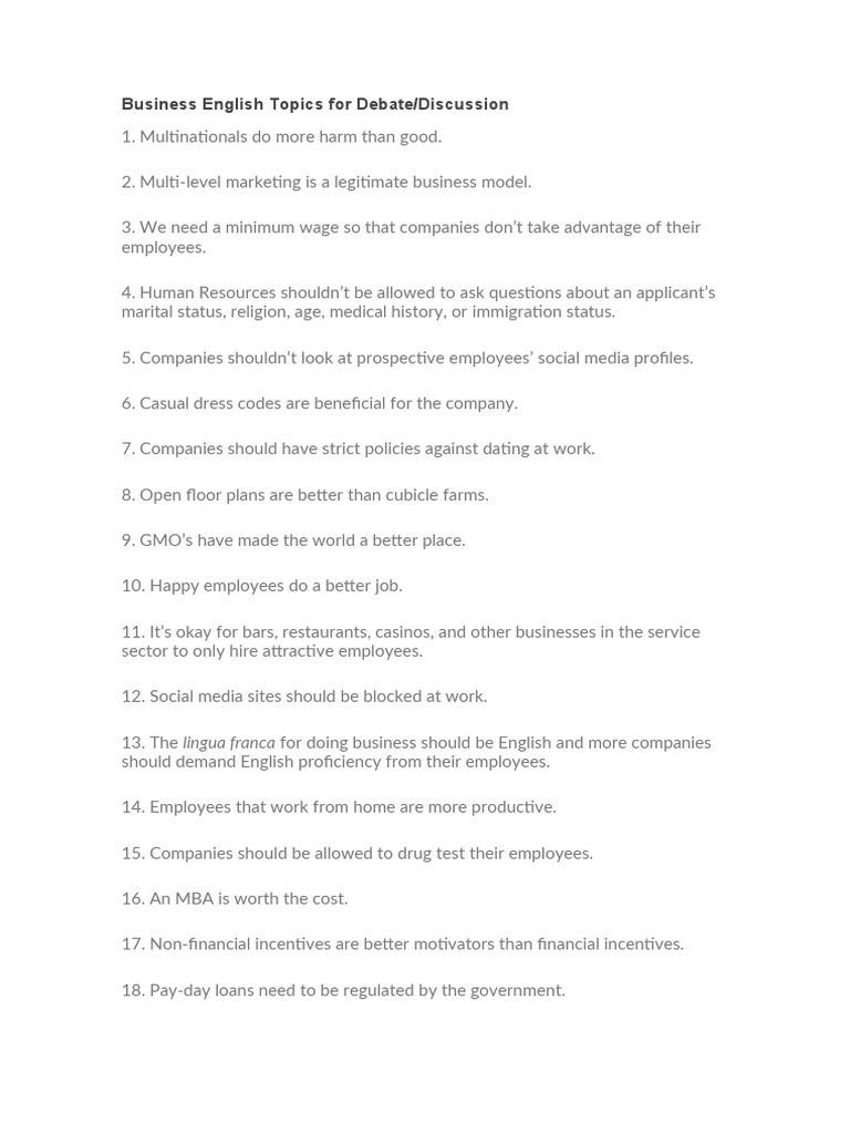 Business English Debate Topics | PDF | Employment | Business