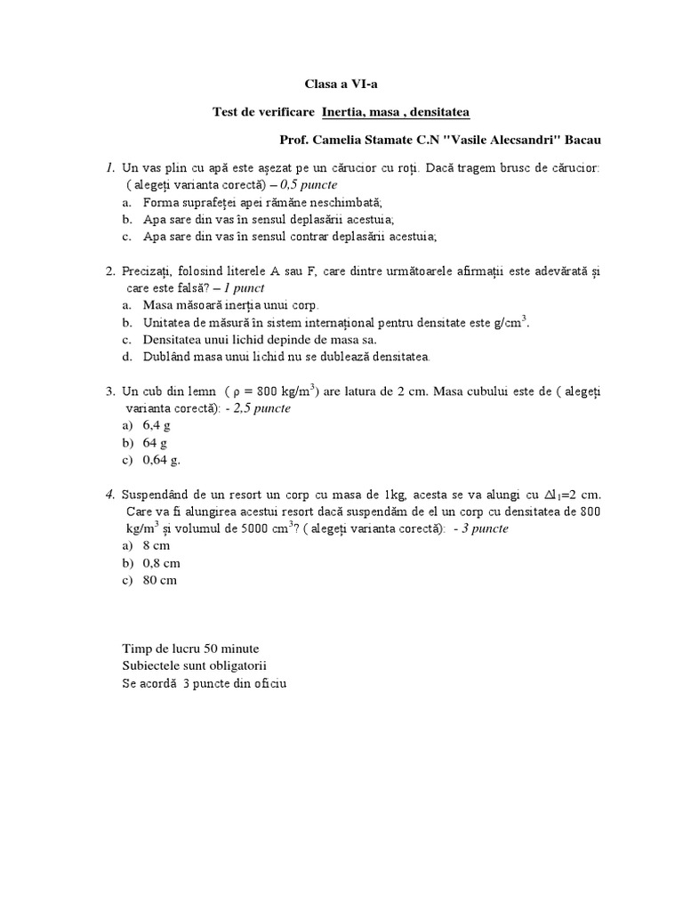 Fizica - Clasa VI A - Inertie Masa Densitate PDF | PDF
