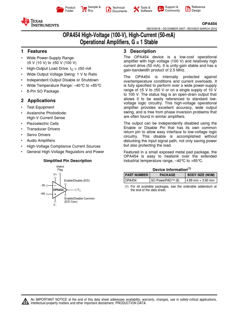 OPA454 High-Voltage (100-V), High-Current (50-Ma) Operational ...