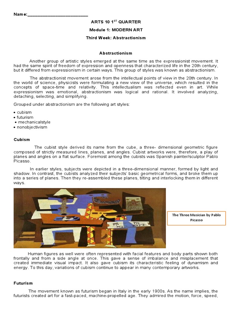 Name: - ARTS 10 1 Quarter Module 1: MODERN ART Third Week ...