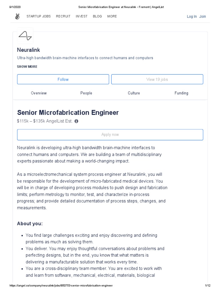 Senior Microfabrication Engineer at Neuralink - Fremont - AngelList ...