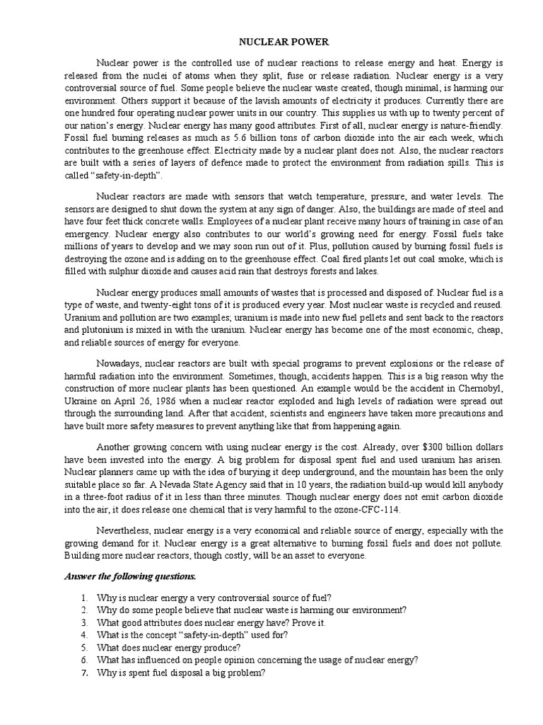 Nuclear Power: Answer The Following Questions | PDF | Nuclear Power ...