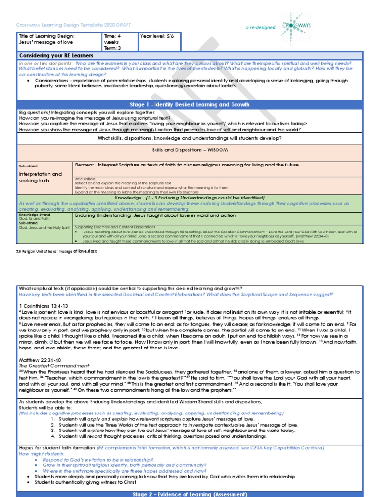 Jesus' Message of Love Unit Plan | PDF | Educational Assessment ...
