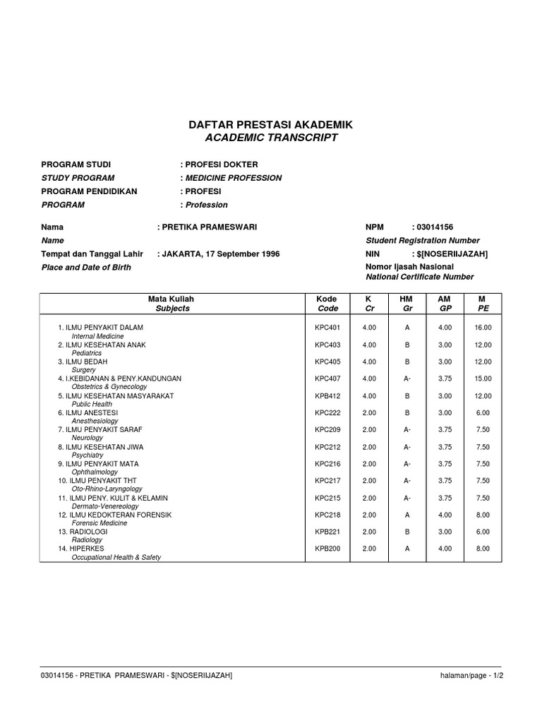 Daftar Prestasi Akademik: Academic Transcript | PDF | Clinical Medicine ...