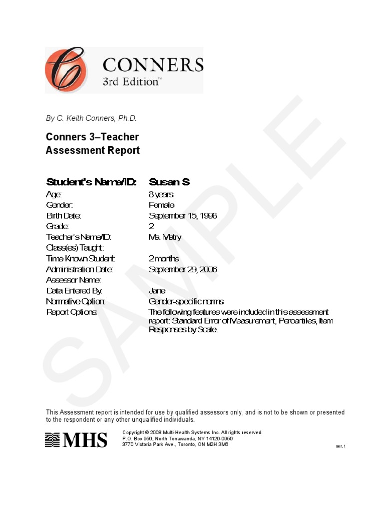 Conners 3 T Assessment Report | PDF | Diagnostic And Statistical Manual ...